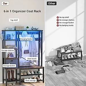 Aheaplus Hall Tree with Storage Bench, Coat Rack with LED Lights, 5-Tier Shelves, Fabric Storage Basket, Side Hooks, 71’’ Industrial 5 in 1 Large Organizer, Sturdy Metal Frame, Rustic Brown
