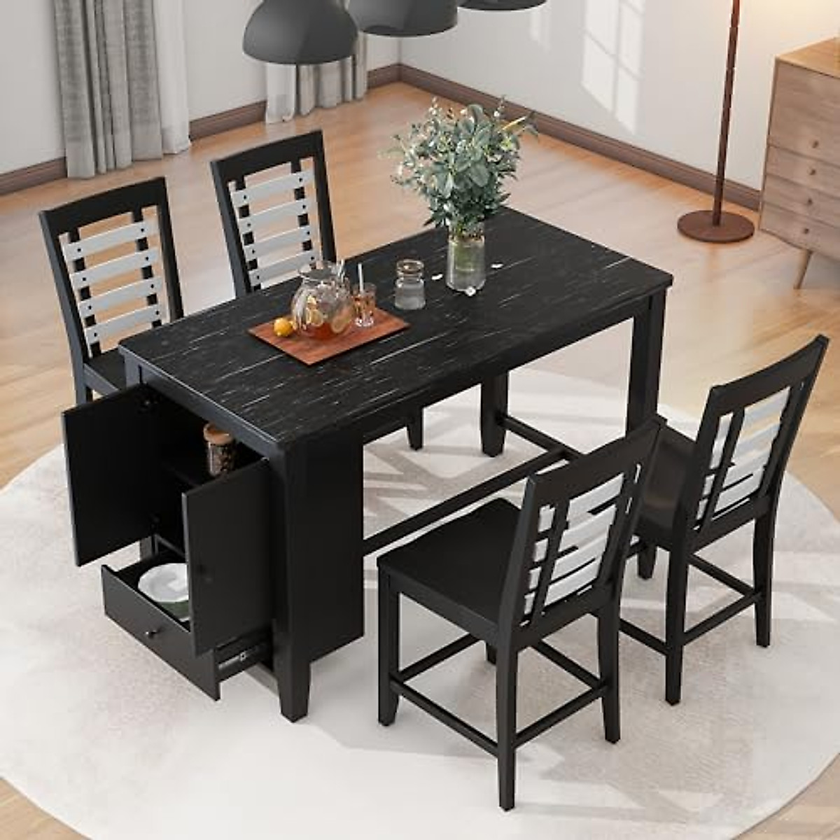 Aiuyesuo Rustic 5-Piece Dining Table Set with Faux Marble Tabletop, Rectangle Dining Table with Storage Cabinet and Drawer, Solid Wood Counter Height Table Set for Dining Room Kitchen (Black-SGH05)