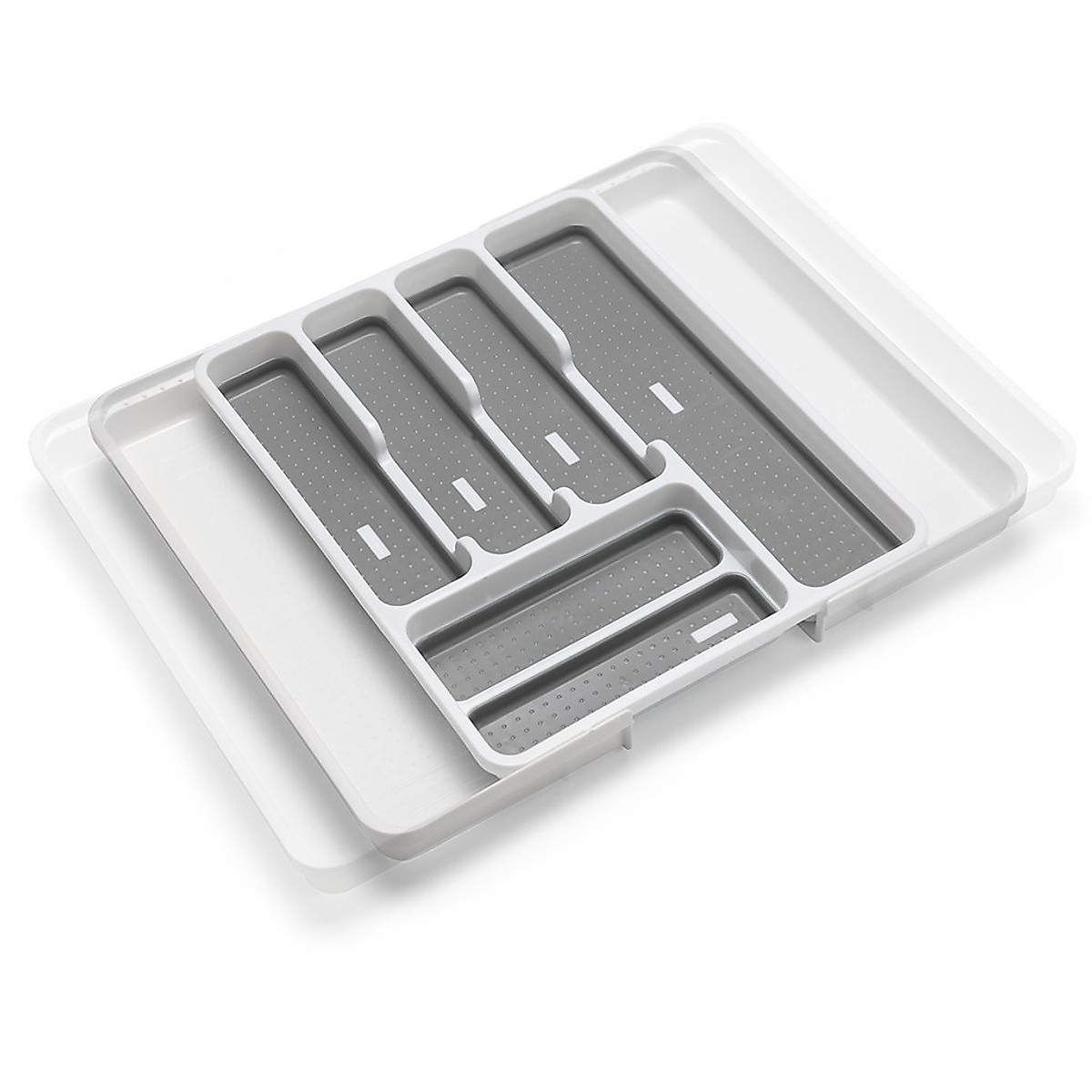 Addis Expandable Drawer Organiser Cutlery Utensil Tray with 6-8 Compartment Holders, White/Grey, 34-58.5 x 41.5 x 5 cm