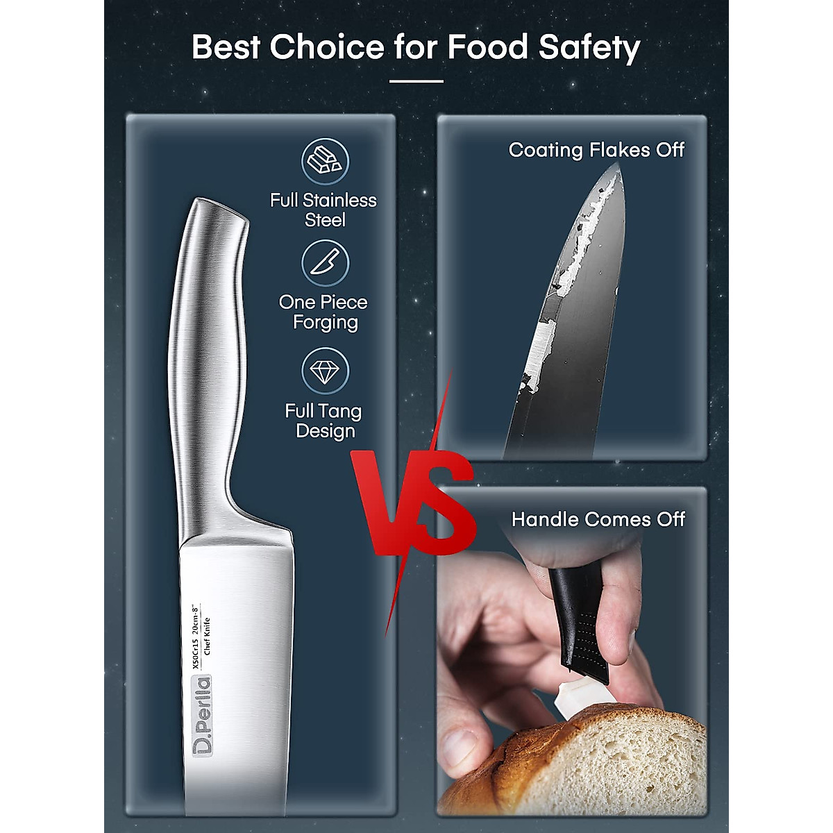 D.Perlla Knife Set, 14 Pieces Kitchen Knife Set with Clear Acrylic Knife Holder, Stainless Steel Super Sharp Chef Knife with Hollow Handle in One Piece Design