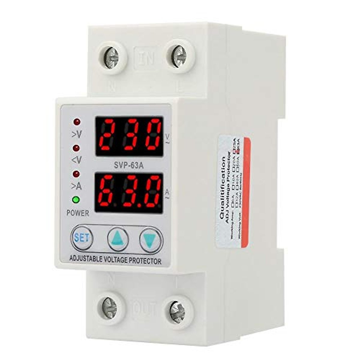 Double LED Display Single Phase Adjustable Voltage Current Protector Voltage Protective Device AC230V 63A 81 x 36 x 60mm