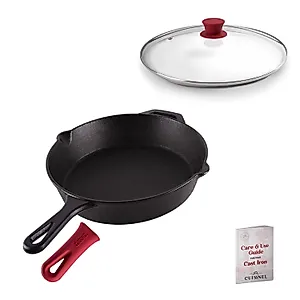 Cast Iron Skillet - 12"-Inch Frying Pan with Assist Handle and Pour Spots + Silicone Grip Cover + Glass Lid with Steam Vent Hole - 12"-Inch/30.48-cm - Compatible with Lodge Cast Iron Skillet Pan