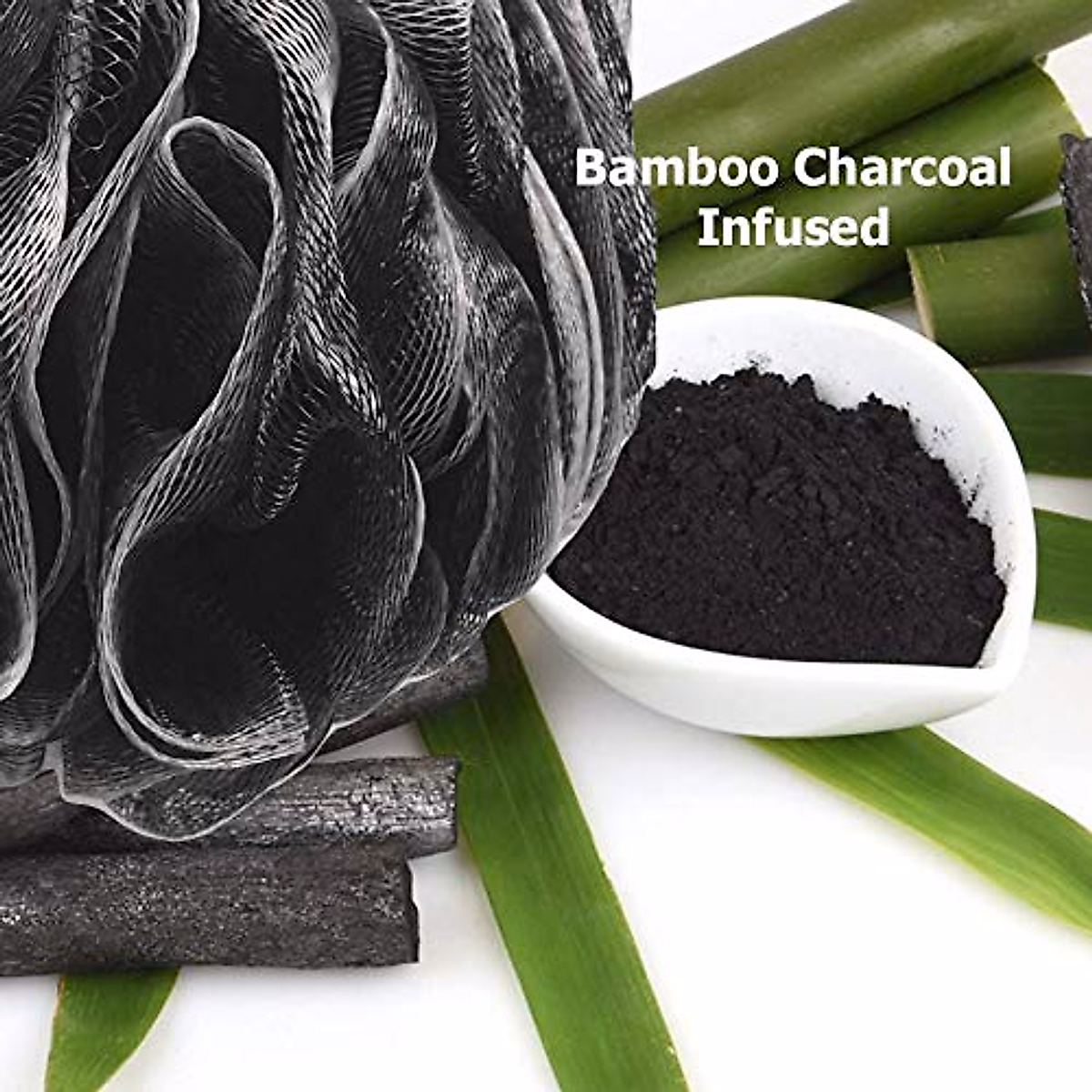 Loofah-Charcoal Bath-Sponge-Color-Set XL-75g by Shower Bouquet - Extra Large 4 Pack, Soft Mesh Black Bamboo Loufa Puff - Exfoliating Body Scrubber for Women and Men: Soothing Face & Body Exfoliator