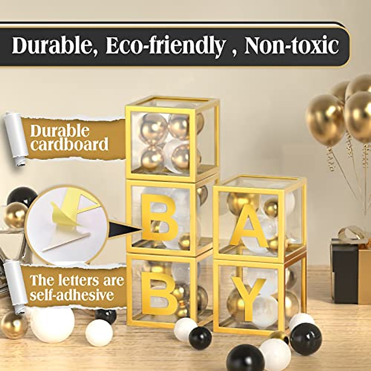 Gold Balloon Boxes 70Pcs Set for Party Decoration - Transparent Letter Boxes for Baby Shower, Bridal Shower, Gender Reveal & Birthday Party - Hard Paper Card, PET Material, Reusable, Easy Set Up