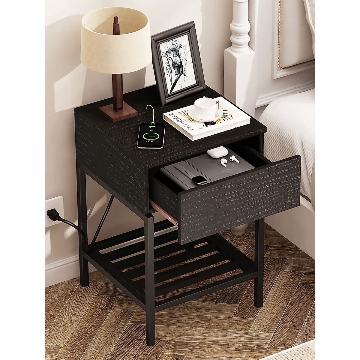 ChooChoo Nightstand with Charging Station and USB Ports, Rustic Side End Table with Drawer and Metal Shelf, Bedside Table for Small Spaces, Bedroom, Black