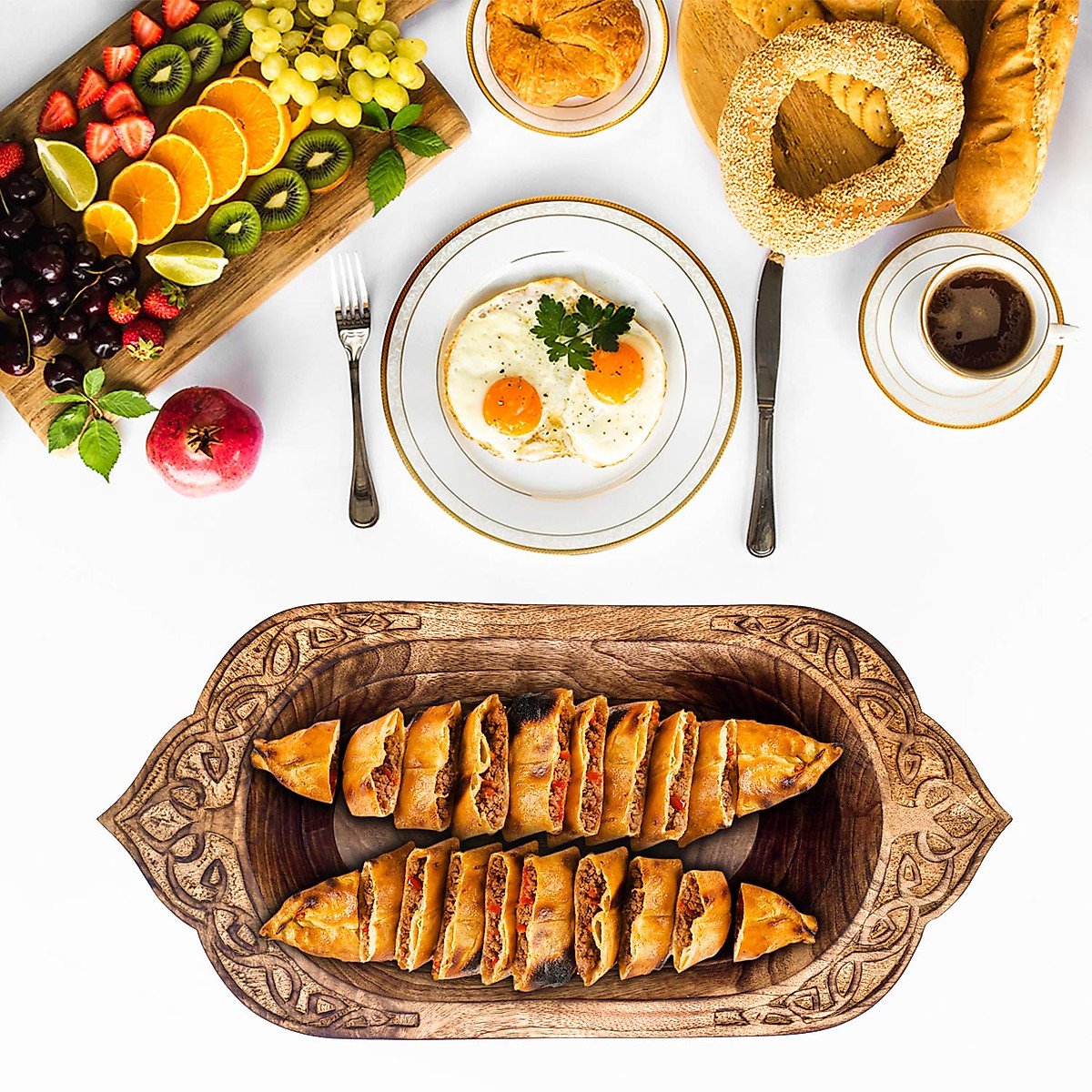 Divit Shilp Natural Wooden Tray, Serving Bowl for Salad, Veggies and Fruits, Large Deep Tray for Family, Party (Viking Bowl)