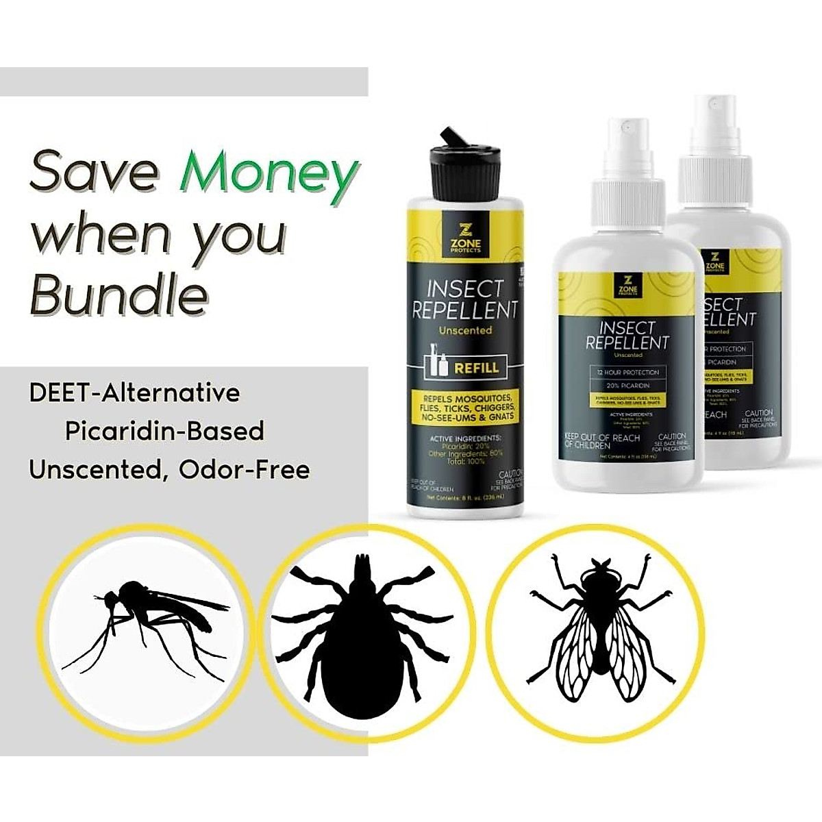Zone Protects Unscented Picaridin Insect Repellent Spray 2 Pack + Refill. DEET-Alternative. Picaridin Based. Picaridin has 12-hr Proven Protection. Picaridin Repels Ticks, Gnats and Mosquitoes.