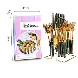 MGeezz Abstract Forest Green Ceramic Golden Stainless Steel Cutlery Set of 24 with Spoons, Forks & Knives with Stand Marble Design Handle with Exquisite Pattern Sets