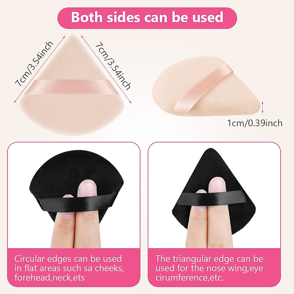 AUAUY 6 PCS Powder Puffs, Pure Cotton Soft Triangle Wedge Makeup Powder Puff for Loose Powder Mineral Powder Body Powder Cotton Velour Cosmetic Foundation Sponge Makeup Tool (3 Black + 3 Skin Colors)