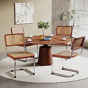 Alunaune Modern Mid Century Dining Chairs Set of 2, Upholstered Natural Rattan Kitchen Chairs Accent Chair, Armless Side Chairs with Metal Chrome Legs for Bedroom Living Room-Brown