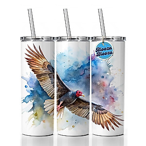 Black Turkey Vulture In Flight Watercolor Skinny Tumbler 20oz with Straw Insulated Water Bottle Gift
