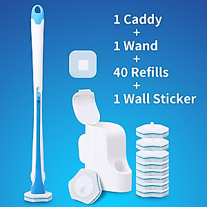 DALIPER Disposable Toilet Brush with 40PCS Refills, Wall Mounted Compact Bathroom Bowl Wand Cleaning System Long Handle with Storage Caddy
