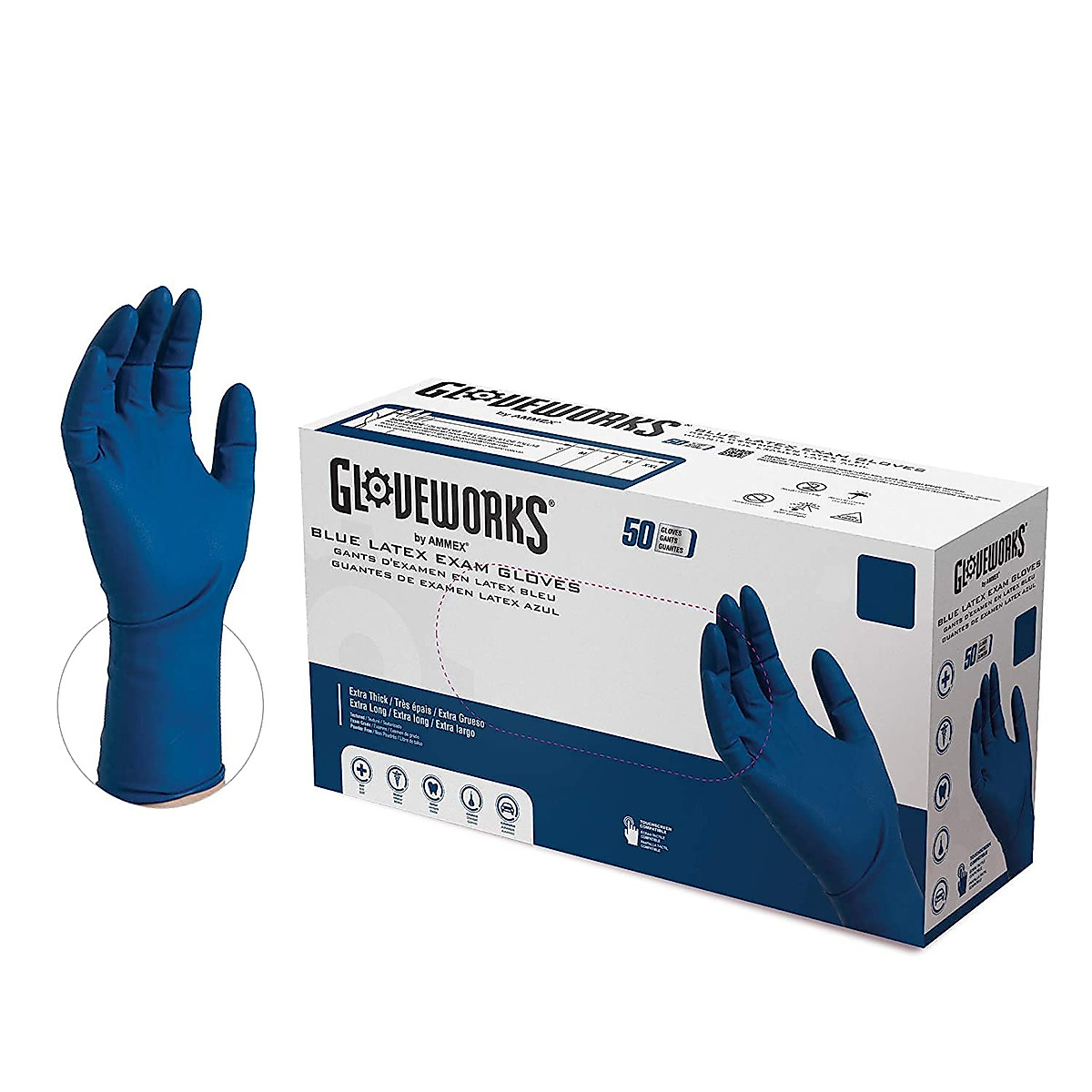GLOVEWORKS HD Medical Blue Latex Gloves, Box of 50, 13 Mil, Size Large, 12 Inches Long, Powder Free, Textured, Disposable, Non-Sterile, GPLHD86100BX