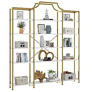 Auromie Triple Wide 5-Tier Bookshelf, 70.87" L x 79.13" H Extra Large Gold Bookcase, Tall Display Shelf with Metal Frame, Freestanding Etagere Storage Display Shelf for Home Office, White Gold