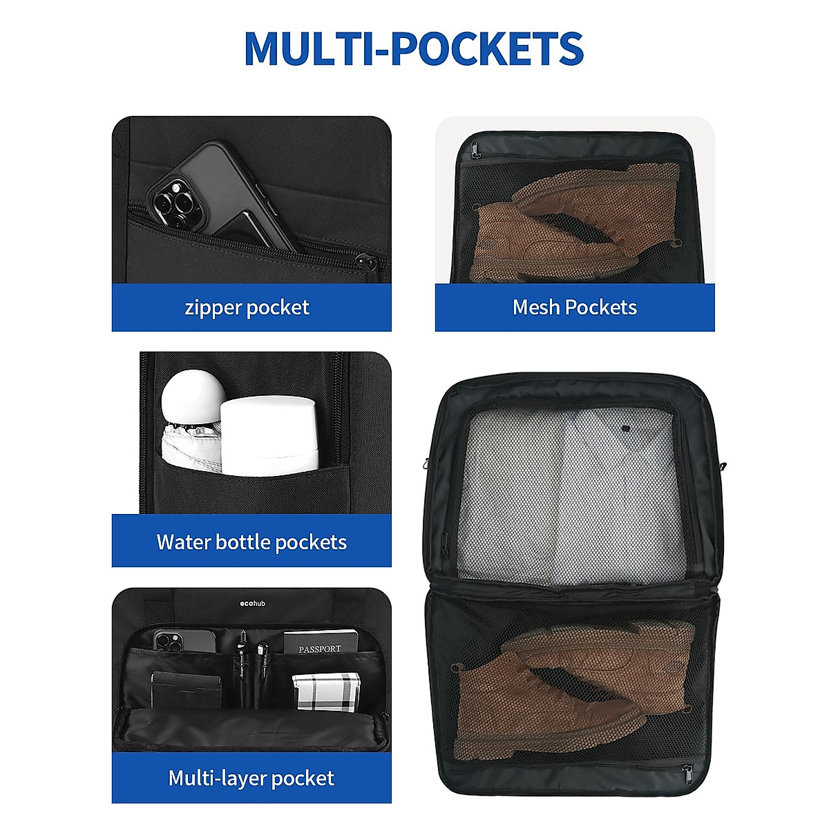 ECOHUB For Spirit Airlines Personal Item Travel Bag 18x14x8 Underseat Carry On Bag Water Resistant Duffel Bag Weekend Bag With Laptop Sleeve & Wet Pocket, Overnight for Men, 30L, Black