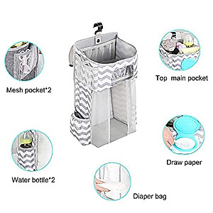 WSNM Hanging Diaper Organizer,Baby Bed Hanging Organizer,Nursery Organization Baby Diaper Holder, Diaper Stacker Storage for Crib, Playard, Changing Table or Wall with 2 Buckle straps (Gray)