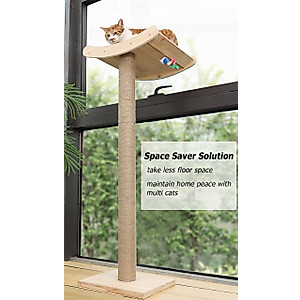 Window Cat Perch with Scratching Posts, 46" Wood Tree Bed for Large Inside Cats Climbing, Perching and Lounging, Mounted with 3 Strong Suction Cups (Wood Platform)