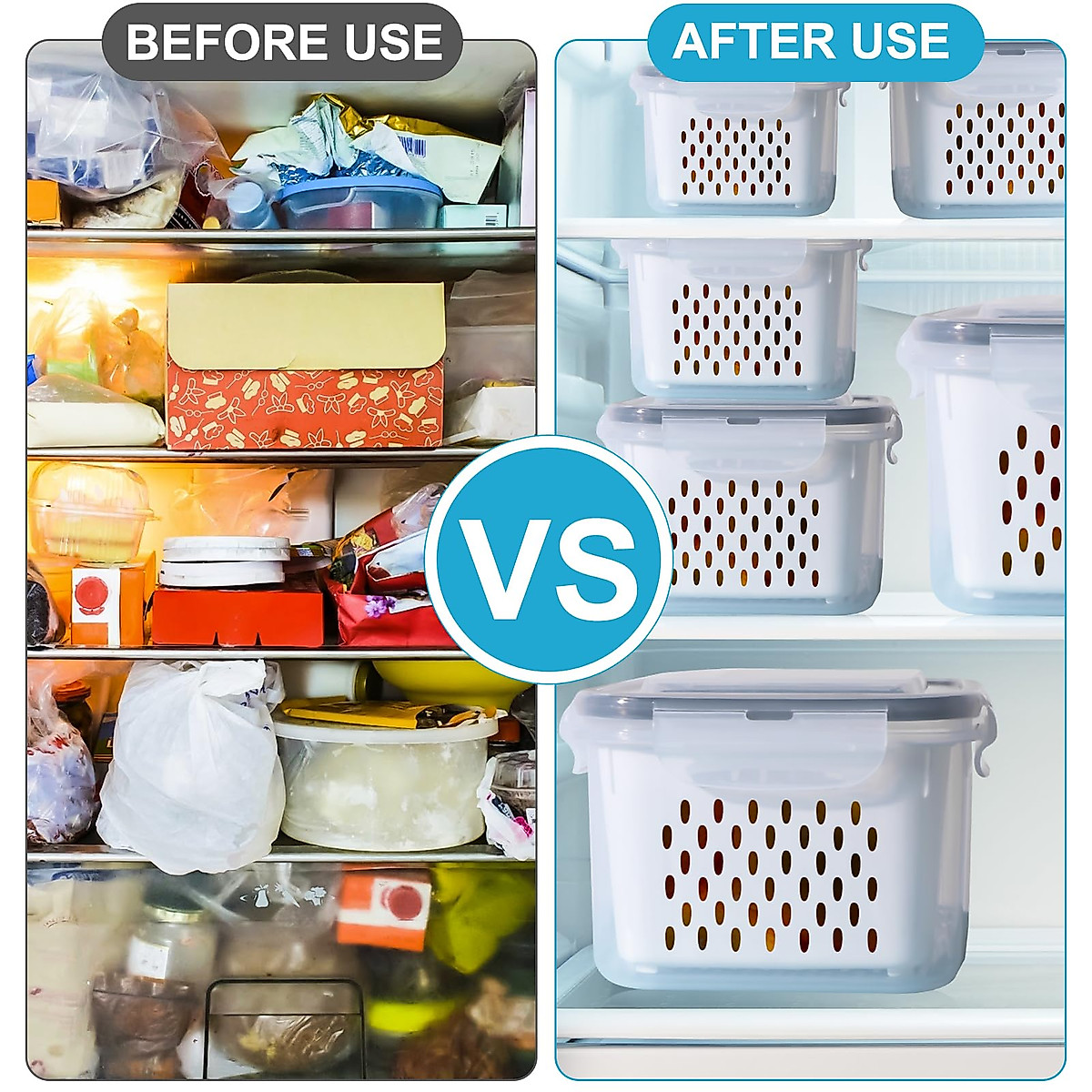 KETNET 5 Size Fruit Vegetable Storage Containers for Fridge with Colander and Lid Refrigerator Storage Containers Bins Organizer for Fruit Food Produce, Lettuce Keeper Keep Fruit Fresh Longer