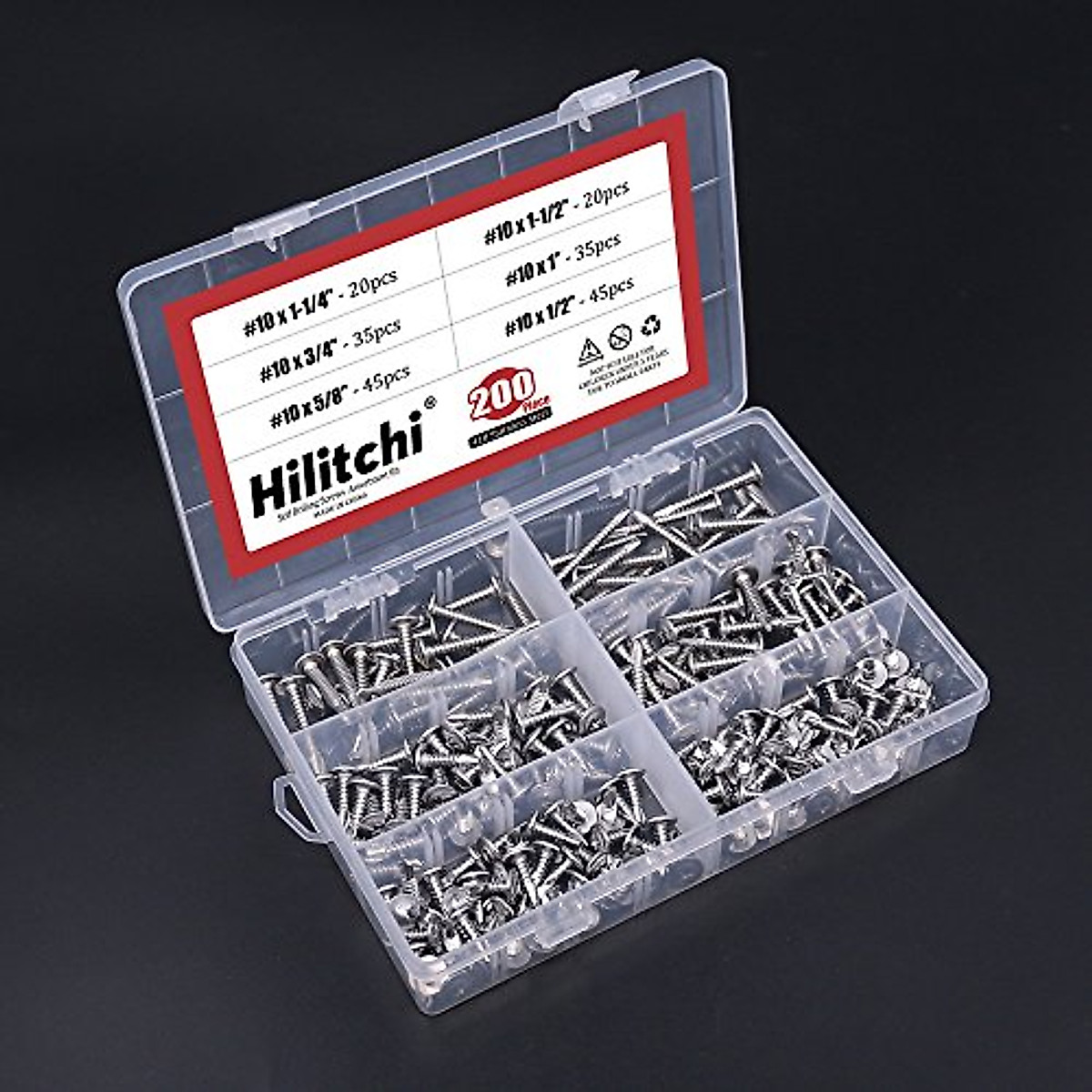 Hilitchi 410 Stainless Steel #10 Wafer Head Phillips Self Drilling Screws Sheet Metal Tek Screws Assortment Kit, Modified Truss Head Self Driller - Size: #10 x 1/2'' - 1-1/2'' - Pack of 200