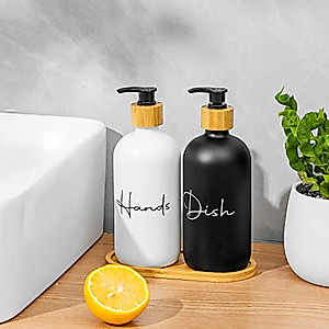 17 oz Hand Soap Dispenser Empty Glass Lotion Pump Bottles, Refillable Liquid Dish Soap Bottles for Bathroom Decor, Kitchen Sink, Matte Design and Wood Tray, Pack of 4