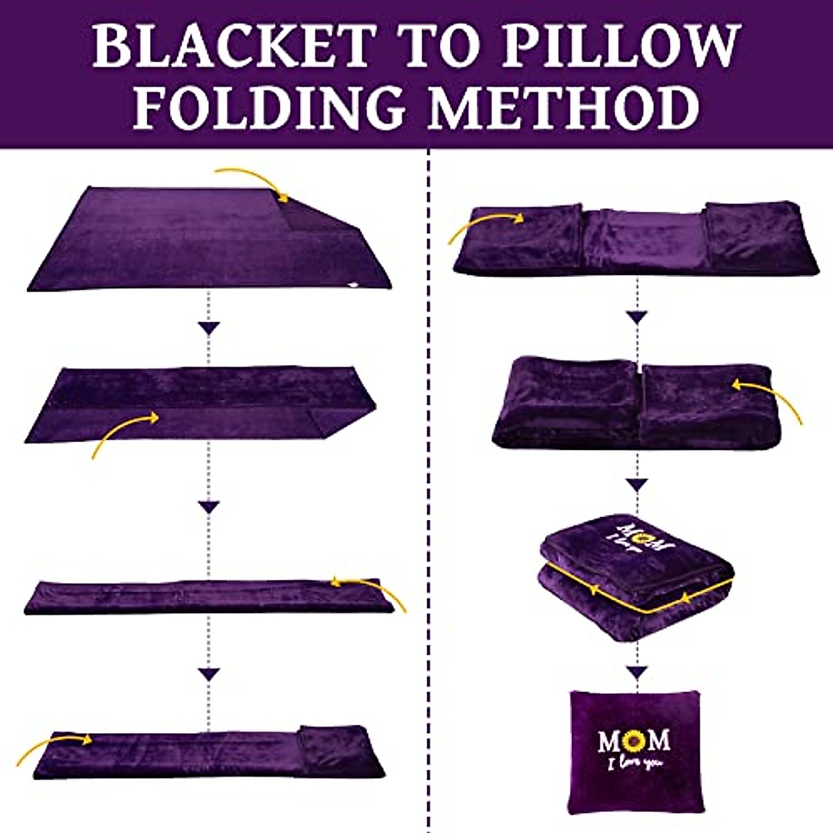Birthday Gifts for Mom, Mom Birthday Gifts, Mother's Day Mom Gifts from Daughter, Valentines Day Gifts for Mom, Pillow Blanket 2 in 1, I Love You Mom Soft Sunflower Pillow Blanket 80"x60" (Purple)