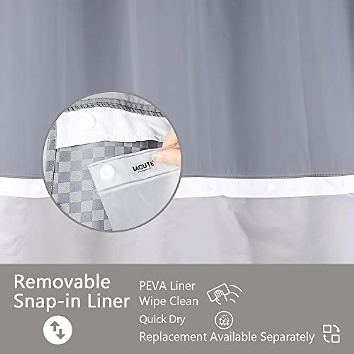 Lagute SnapHook Hook Free Shower Curtain with Snap-in Liner & See Through Top Window | Hotel Grade, Machine Washable | 71Wx74L, Gray