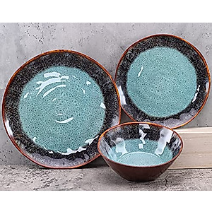 Gufaith Melamine Dinnerware Sets 12 Pcs, Plates and Bowls Sets for 4, Camping Plates, Unbreakable Dinnerware Set, Melamine Plates, Lightweight, BPA free, Dishwasher Safe, Blue with Brown