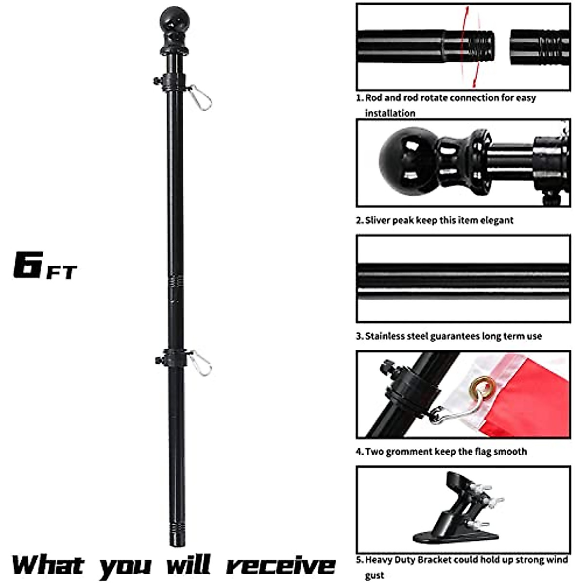 Flag Pole with Bracket,5FT/6FT Flagpole Kit American Flag with Pole Holder Mounting Bracket Stainless Steel Heavy Duty for Garden Yard Truck Boat Rustproof (6FT, Black Flag Pole With Black Bracket)