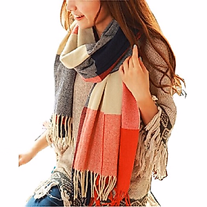 Wander Agio Women's Fashion Long Shawl Big Grid Winter Warm Lattice Large Scarf Orange Red Winter