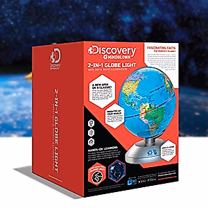 Discovery Kids 2-in-1 World Globe LED Lamp w/Day & Night Modes, STEM Geography Map Educational Toy for Children, Solar System, Light Up Cities and Countries, Rotating w/Display Stand