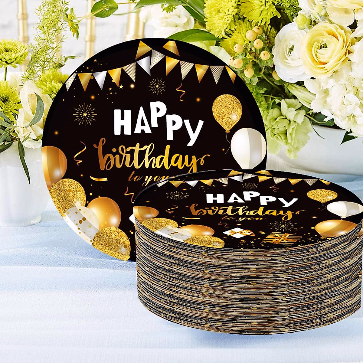 GOGUOGOFA 50 Pcs Black and Gold Birthday Party Supplies,Happy Birthday Party Plates 7" Black and Gold Plates,Cheer Birthday Plates,for 30th 40th 50th 60th 70th 80th Anniversary Birthday Party Decor