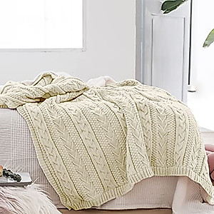 Beige Knit Sherpa Blanket Cotton Throw Blanket with Sherpa Lining Double Sided Reversible Winter Blanket Super Soft, Warm, Elegant, Plush, Cozy for Couch, Sofa, Bed Home Decor 50 x 63 inch