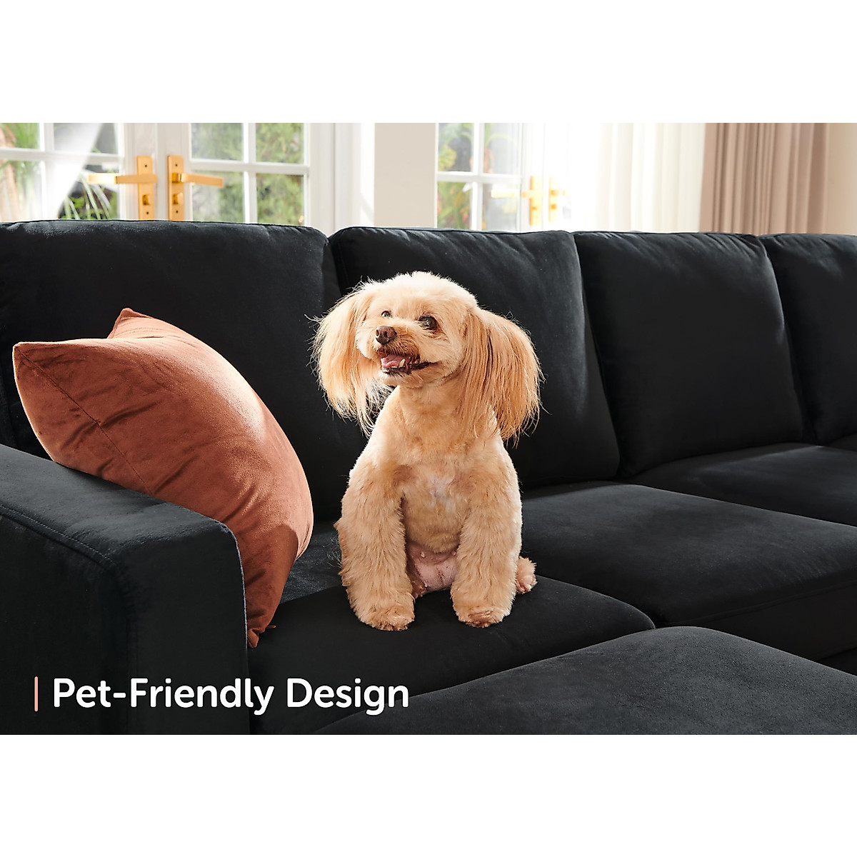 HONBAY Modular Sectional Couch with Storage, Velvet U-Shaped Sectional Sofa with Storage Ottoman Convertible U-Shaped Sofa for Living Room, Black