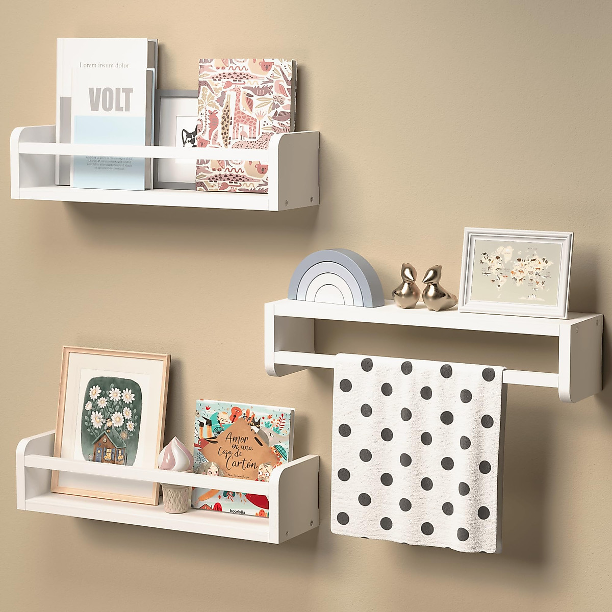 Boswillon White Floating Shelves Set of 3, Wall Mounted Nursery Bookshelf for Kids Room Storage, Classic White Floating Shelves for Wall, Baby Book Shelves for Kids Bedroom Toddler Room Decor - White