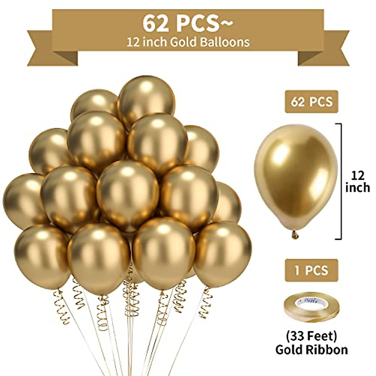 Gold Metallic Chrome Latex Balloons - 62Pack 12 inch Round Helium Balloons for Birthday Wedding Graduation Baby Shower Party Decorations