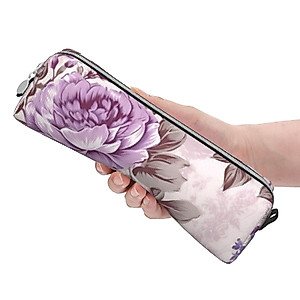 Hnaysne Purple Flower Pencil Case Cute Stationery Bag School Supplies Leather Pen Pouch Funny Storage Bag for Boys Girls Adults Student
