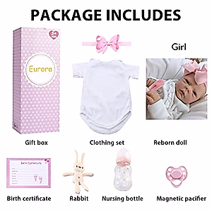 EURORA Reborn Baby Dolls Girl 18 Inch Vinyl Silicone Body, Sweet Girl Reborn Baby Dolls with Clothes and Bottles Gift for Kids Age 3+