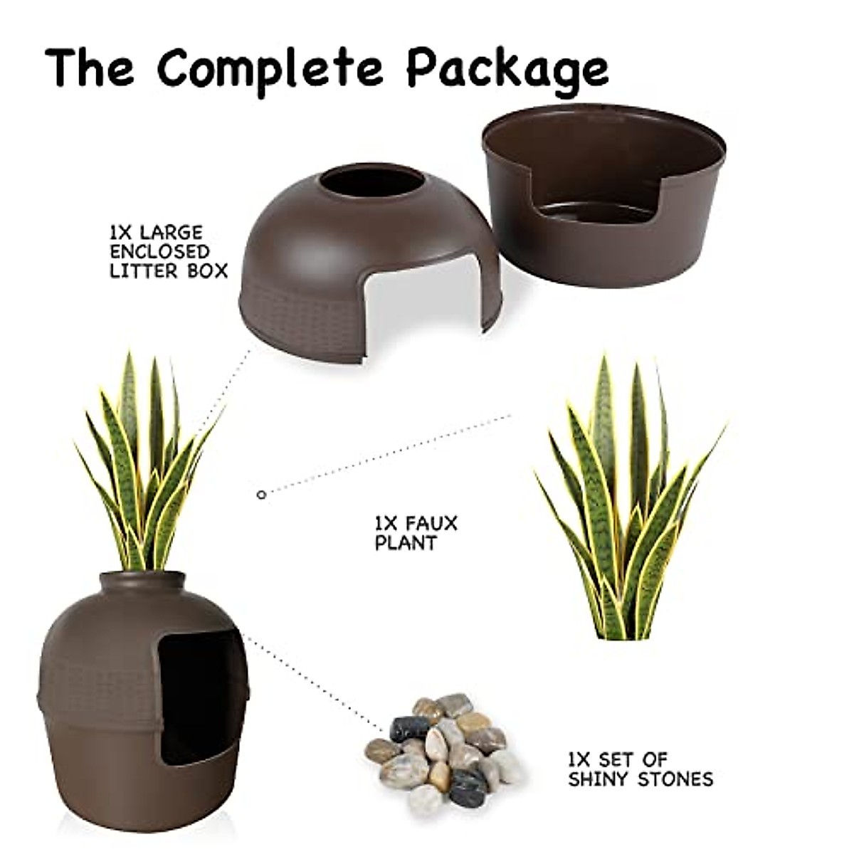 Hawsaiy Hidden Litter Box Enclosure, Plant Cat Litter Box Furniture Includes Faux Plant and Real Stones, Replaceable for Real Flowers Brown