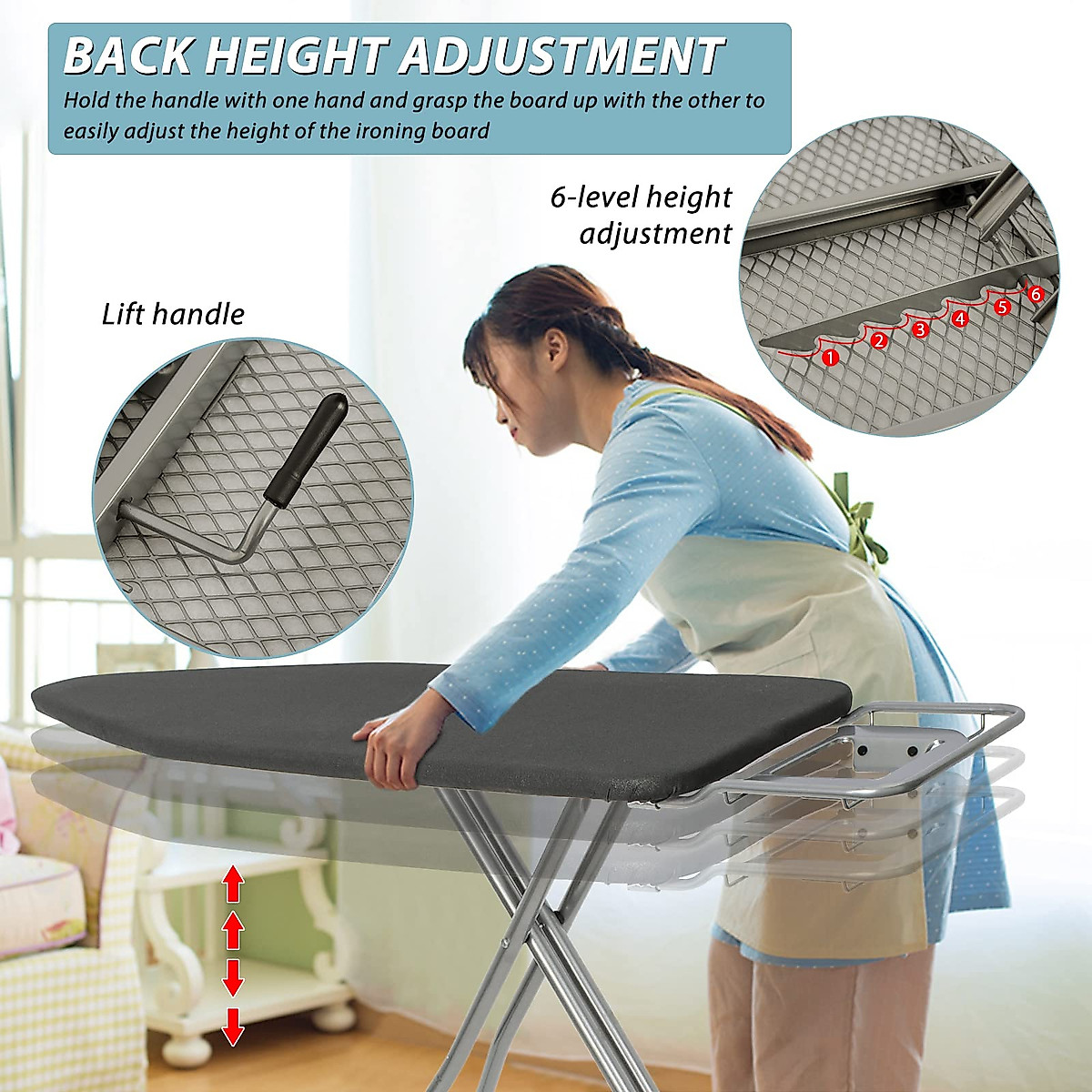 AKOZLIN 48" x 18" Extra Wide Ironing Board with Height Adjustable up to 36",Solid Steam Iron Rest,T-Leg Extreme Stability Foldable Ironing Board for Home Laundry Room Dorm Grey