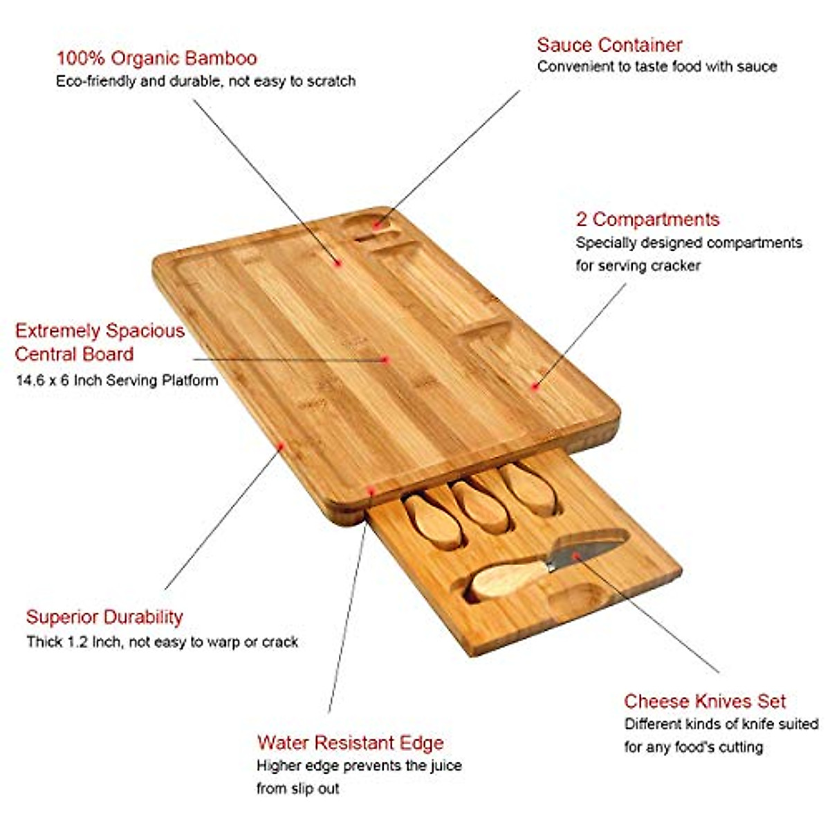NIUXX Organic Bamboo Cheese Board with 4 Cheese Knives Set for Kitchen, 2 Compartments and 1 Sauce Container Charcuterie Platter, Rectangle Serving Tray with Hidden Cutlery Drawer for Party