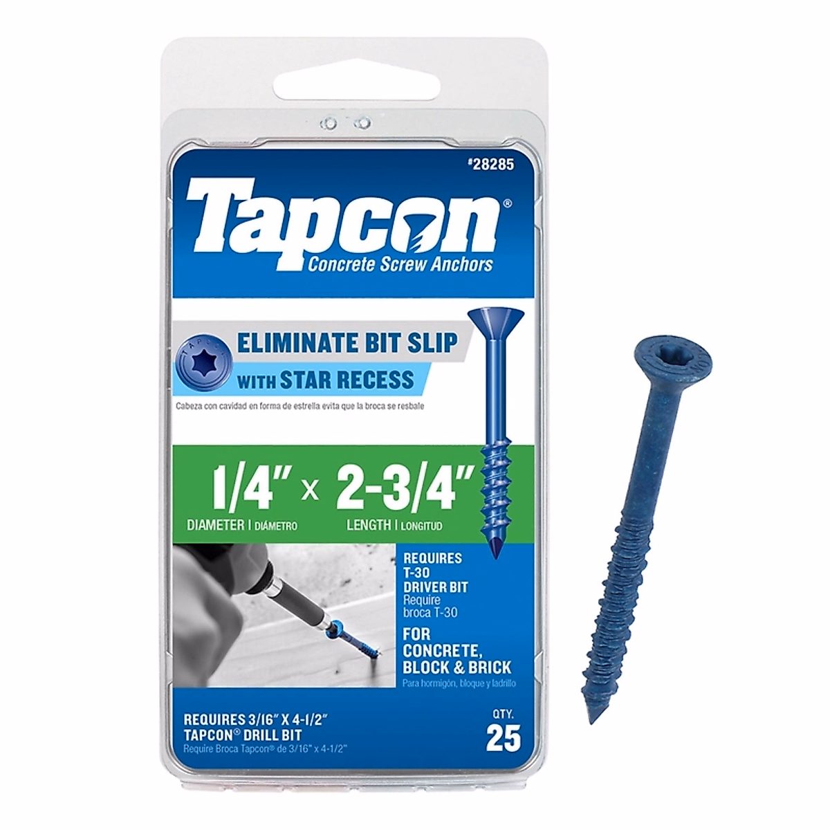 Tapcon 28285 1/4x2-3/4 Blue Star Drive Bugle Head Concrete Anchors 25/Box