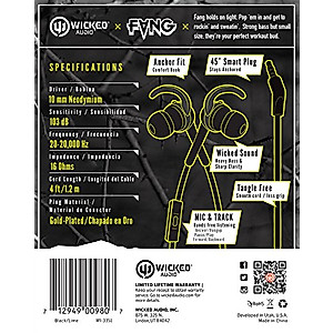 Wicked Audio Fang — Earbud Headphones for Exercise — Sweat Resistant Wired Headphones with Microphone and Track Control, Tangle-Free Cord and Smart Plug — Black/Lime
