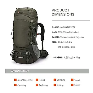 MOUNTAINTOP 55L Hiking Internal Frame Backpack Backpacking for Men with Rain Cover
