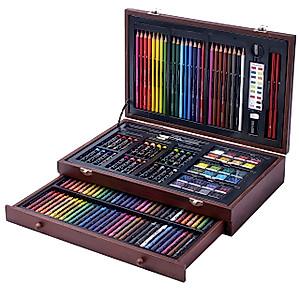 Art 101 Doodle and Color 142 Pc Art Set in a Wood Carrying Case, Includes 24 Premium Colored Pencils, A variety of coloring and painting mediums: crayons, oil pastels, watercolors; Portable Art Studio
