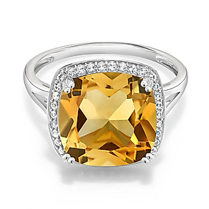 Gem Stone King 10K White Gold Yellow Citrine and White Created Sapphire Women's Ring (6.09 Ct Cushion 12MM, Gemstone Birthstone, Available In Size 5, 6, 7, 8, 9)