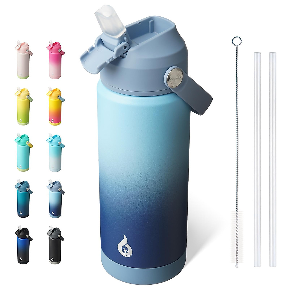BJPKPK Insulated Water Bottle with Straw Lid, 18oz Thermos Water Bottles with Soft Nozzle, Flex Handle & Non-slip Boot, BPA Free Leak Proof Stainless Steel Metal Thermos, Tumblers, Cups,Sky