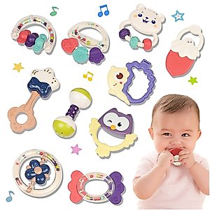 Woby 10pcs Baby Toys Rattles Set, Toddlers Chewing Teething Toys Grab Shaker Hand Bells and Spin Rattle Musical Toy Playset Early Educational Gift Toys for Baby Newborn Infant 6-12 Months