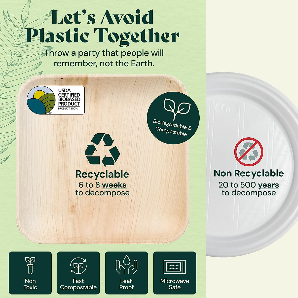 Chic Leaf Compostable & Biodegradable Palm Leaf Disposable Bamboo Plates - Disposable Party Plates for Appetizers (1, 7'' (Pack of 50))