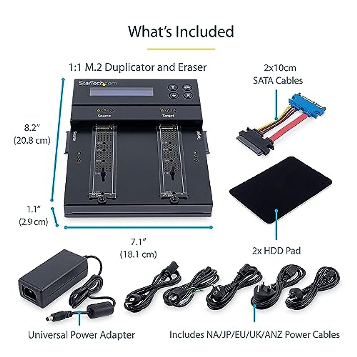 StarTech.com Standalone Dual Bay M.2 SATA/NVMe Duplicator/Eraser, HDD/SSD Cloner/Wiper for M.2 PCIe AHCI/NVMe, M.2 SATA, 2.5/3.5in Drives, Hard Drive Sanitizer/Copier, TAA (SM2DUPE11),Black