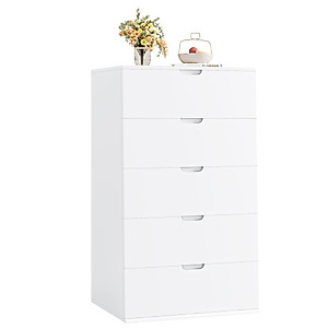 FOTOSOK 5 Drawer Dresser, White Dresser Modern Dresser Wood Chest of Drawers with Closed Cut-Out Handles, 23.6L x 17.3W x 39.4H Inch Tall White Dresser for Home Office